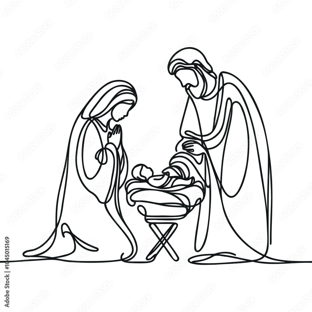 Continuous one line Christmas vector Christian nativity scene of baby ...