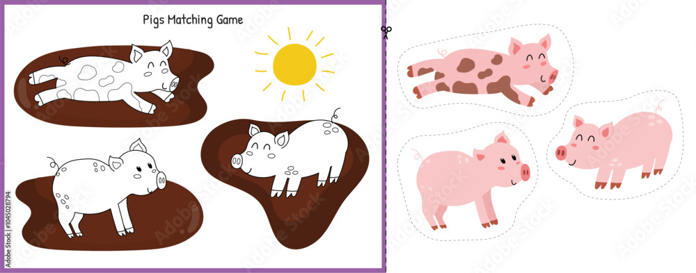 Cut and glue game with cute pigs in the mud. Educational activity page ...