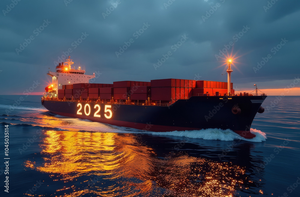 Cargo Ship with illuminated number 2025 on it and containers on board ...