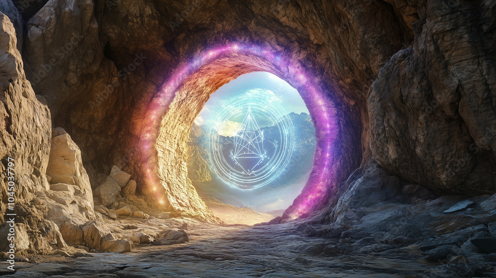 Imaginative of a portal inside a stone arch in a cave with magical ...