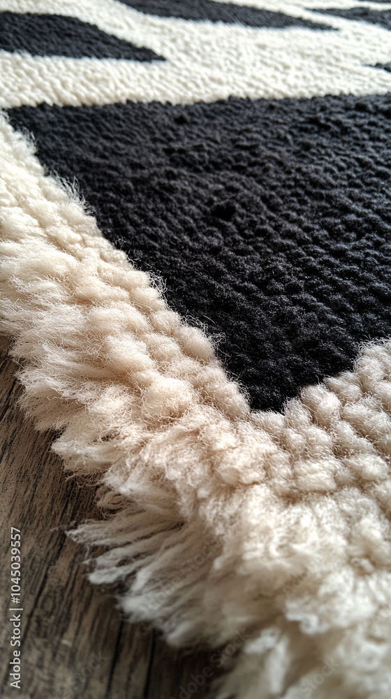 A plush, high-pile black and white tufted rug is photographed at ground ...
