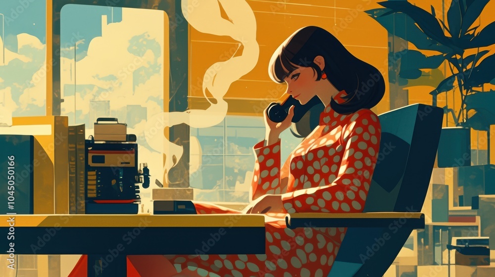 Classic 1960s businesswoman taking a phone call in a cozy office, an ...