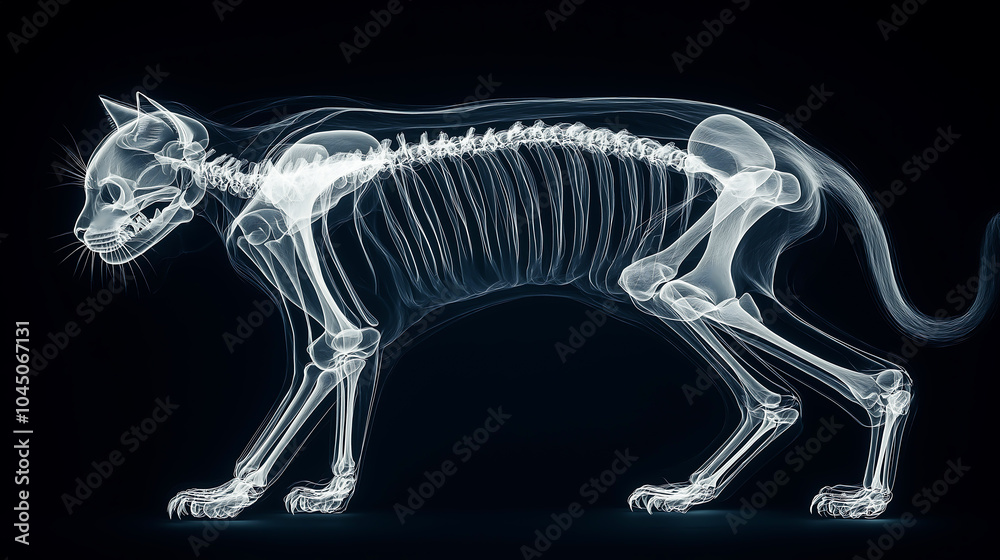 A detailed X-ray scan of a cat, clearly showing its bones and internal ...