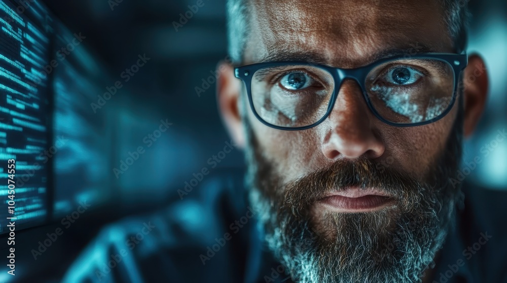 A bearded programmer intensely focuses on coding, reflecting a serious ... A bearded programmer intensely focuses on coding, reflecting a serious ...