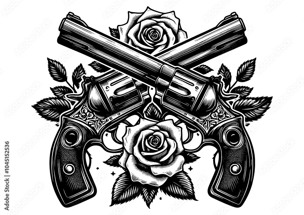 crossed revolvers adorned with roses. Tattoo design blending classic ...