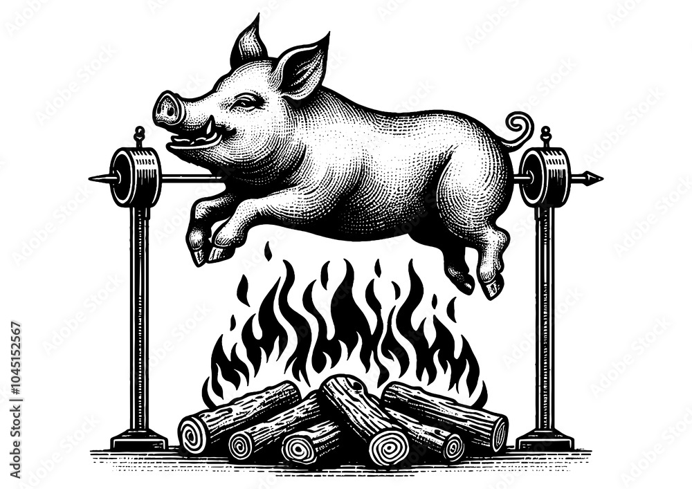 pig roasting on a spit over an open flame, featuring classic tattoo ...