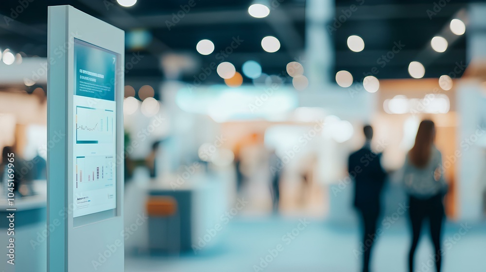 A digital display stands in focus with a blurred exhibition backdrop ...