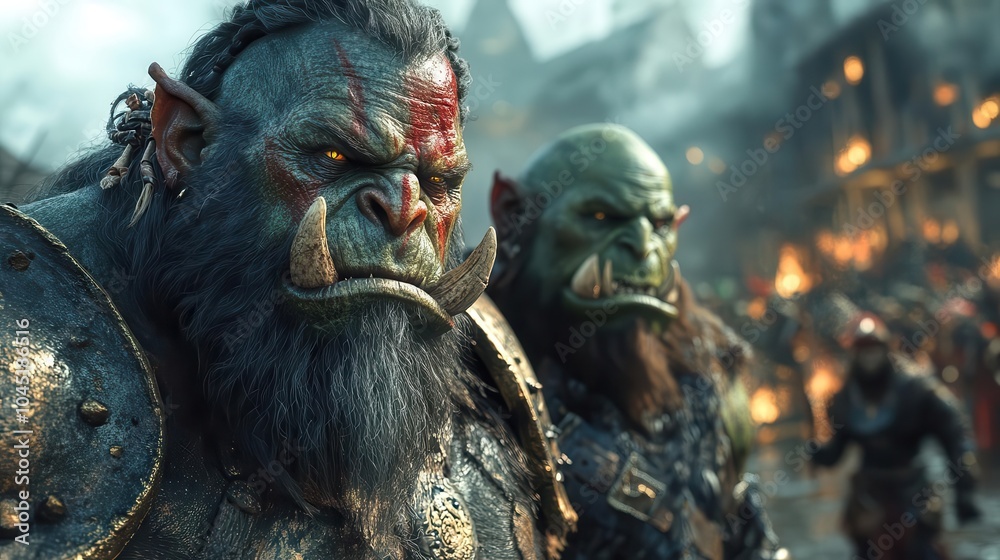 two fierce orcs engaged in an epic battle, portrayed in a cinematic and ...
