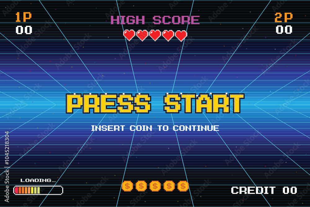 เวกเตอร์ Stock PRESS START INSERT A COIN TO CONTINUE .pixel art .8 bit ...
