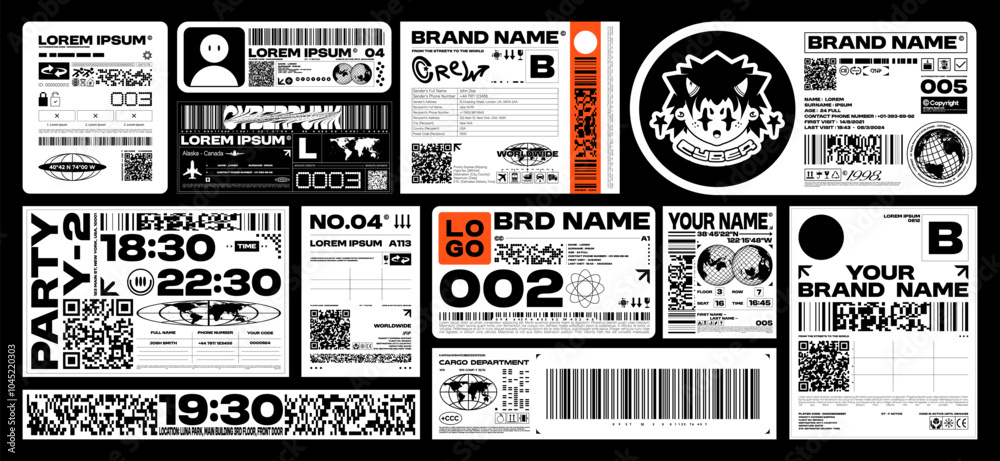 Brutalism label design pack. Futuristic assets for streetwear, event ...