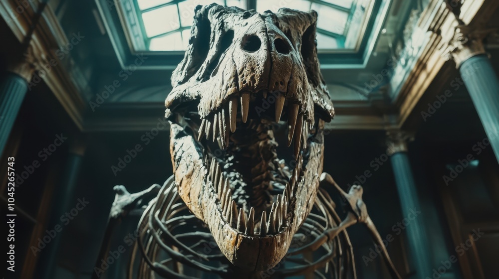 Massive T. rex skeleton towering in a museum display, ancient bones ...