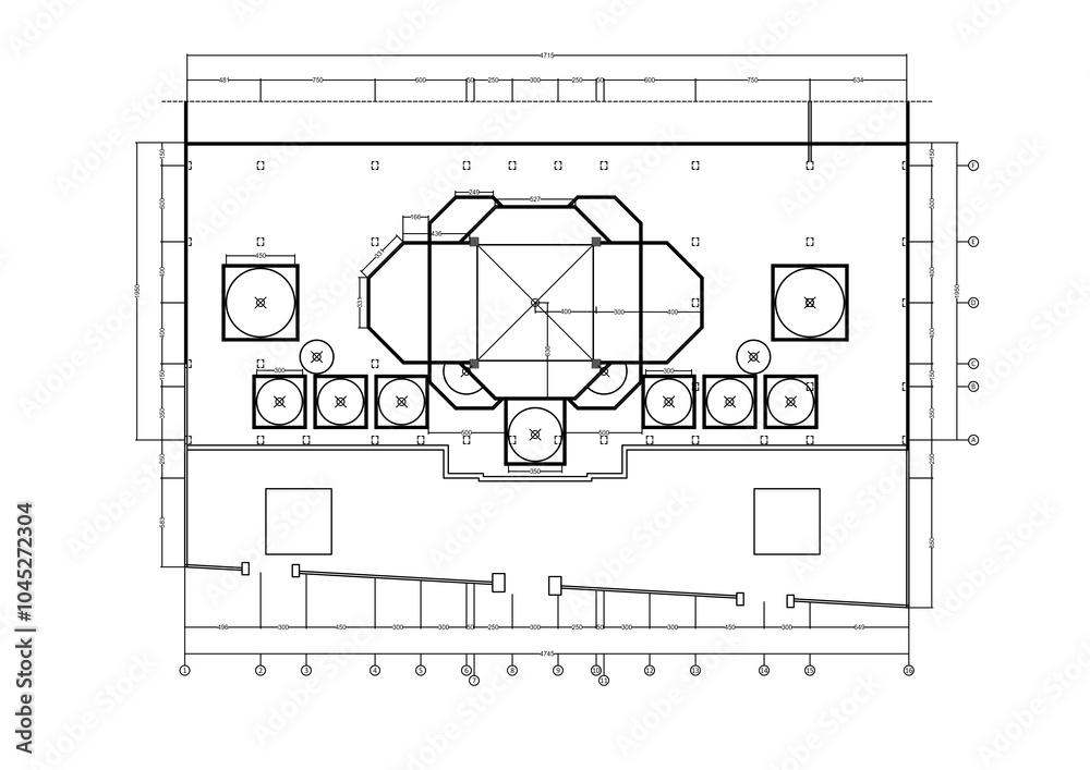 2D top view floor plan of a mosque dome roof with detailed notations ...