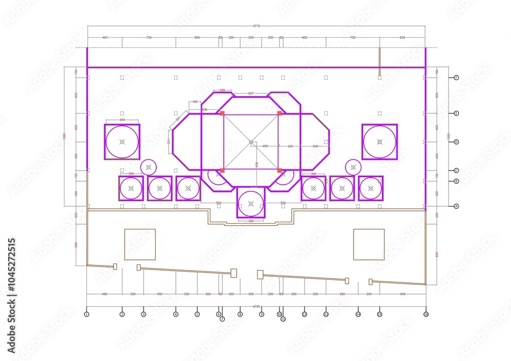 2D top view floor plan of a mosque dome roof with detailed notations ...
