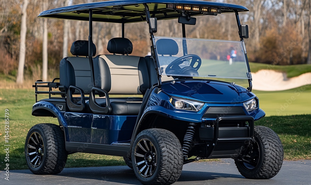 A blue golf cart with black wheels and a black windshield sits parked ...