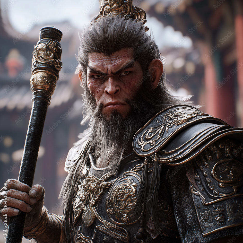 Sun Wukong, the Monkey King from Chinese mythology, is holding his ...