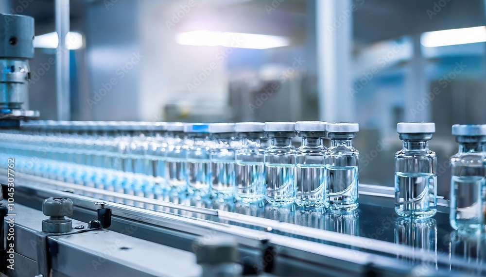 Medical vials moving on a production line conveyor belt in ...