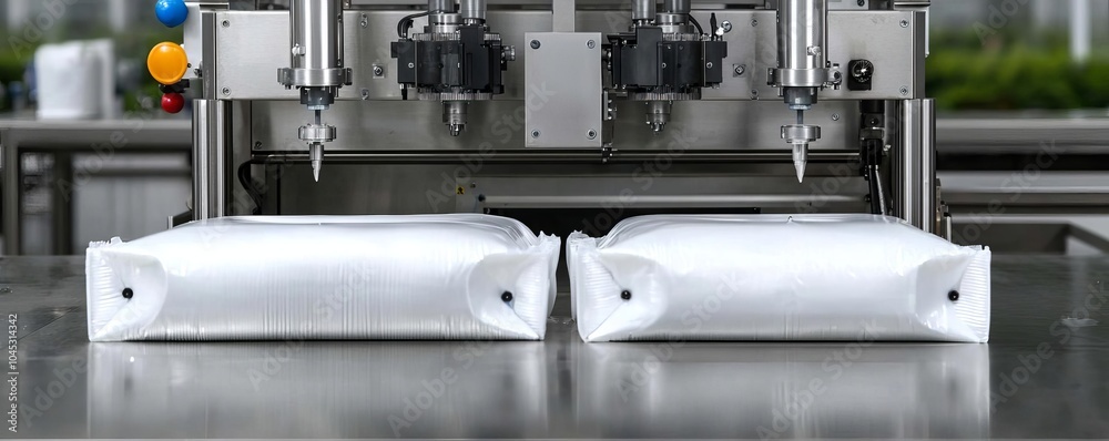 Sterile food packaging machine in a clean factory, automated process ...