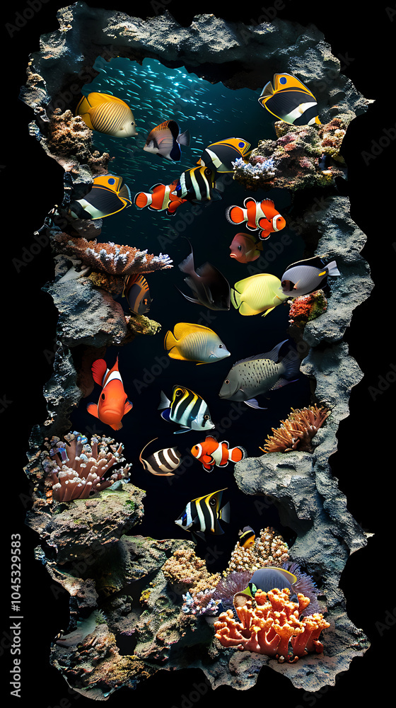underwater scene, hyper-realistic d art colorful fish swim in a ...