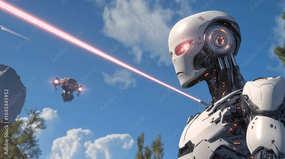 Humanoid robot defending a human colony from alien invaders, lasers ...