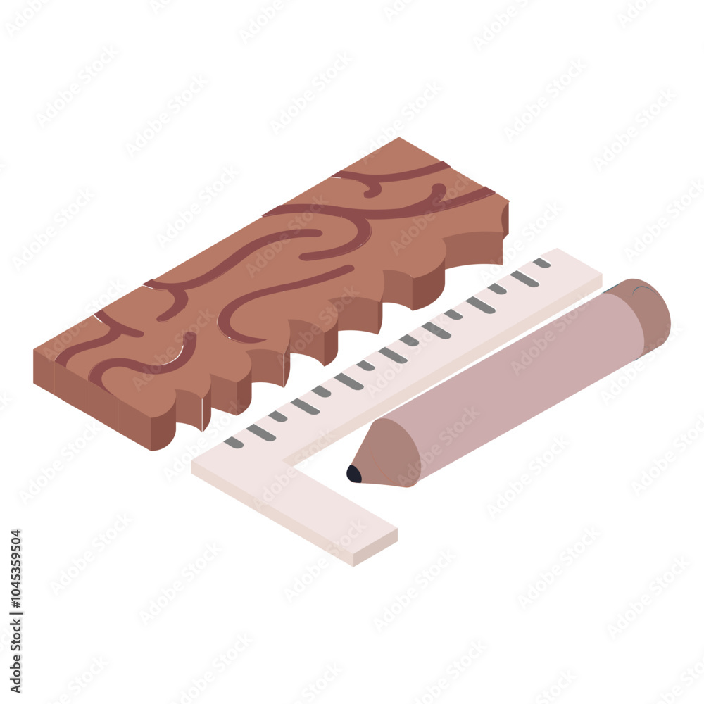 Timber Slab, Right Angled Scale and Marker Pencil isometric concept ...