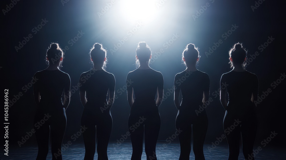 Silhouettes of five dancers in a dimly lit space, facing forward ...