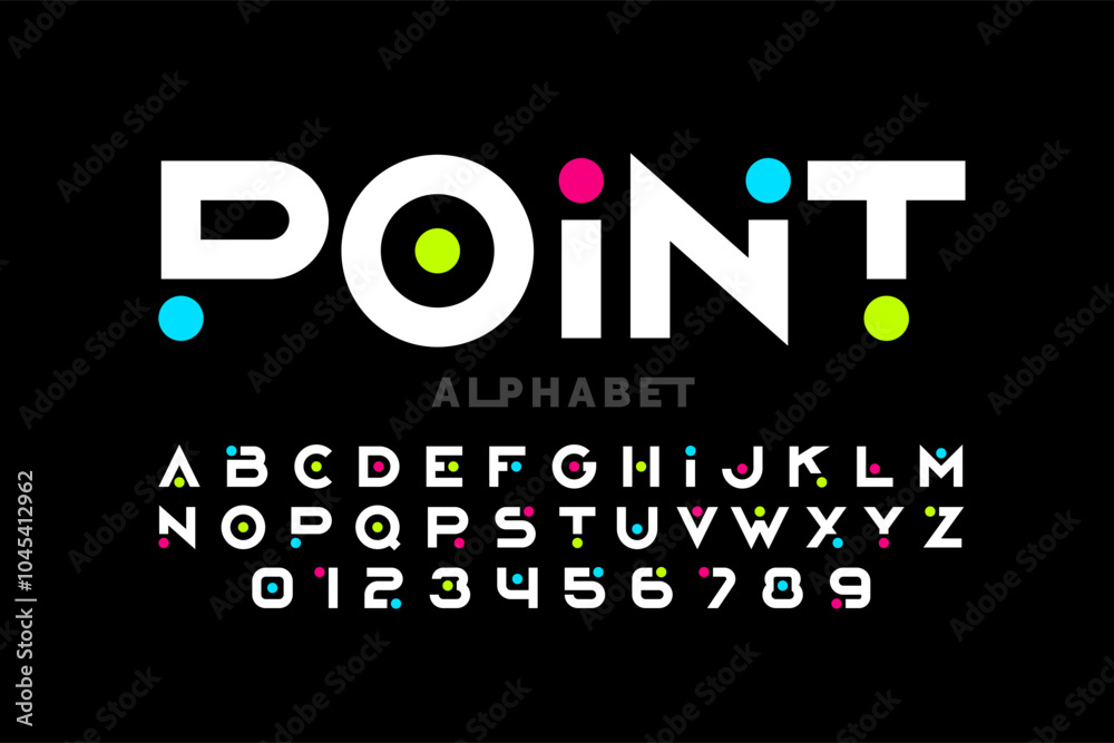 Point. Modern font design with colorful dots inside, alphabet letters ...