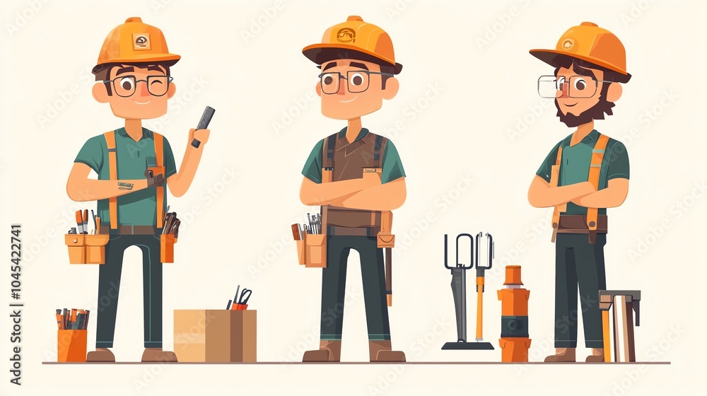 Three cartoon construction workers, each with tools, standing in ...