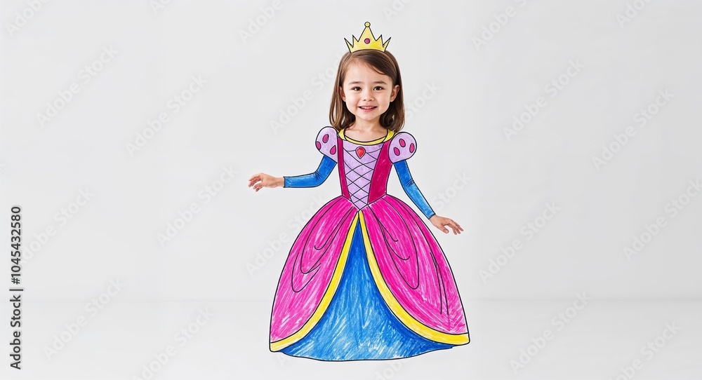 Hand drawing clipart of a little girl in a princess costume on plain ...