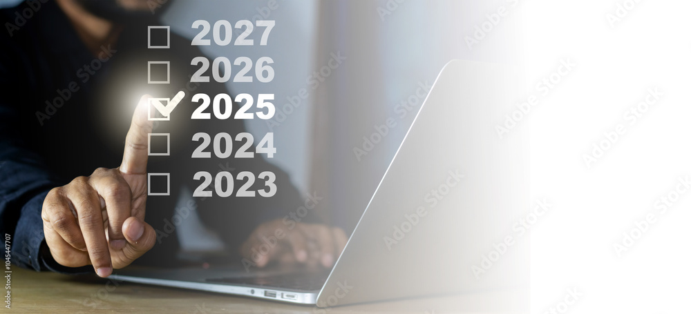 Business New Year 2025 Goal Action Plan. Businessman puts a check mark ...