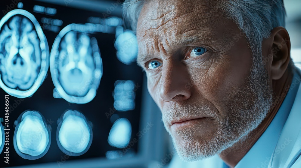 brain surgeon intensely studying a highresolution mri scan surrounded ...