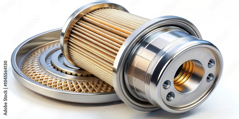 Close-up view of a shiny silver oil filter with a gold-colored mesh ...