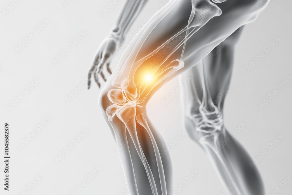 The illustration depicts a human knee joint, highlighting areas of ...