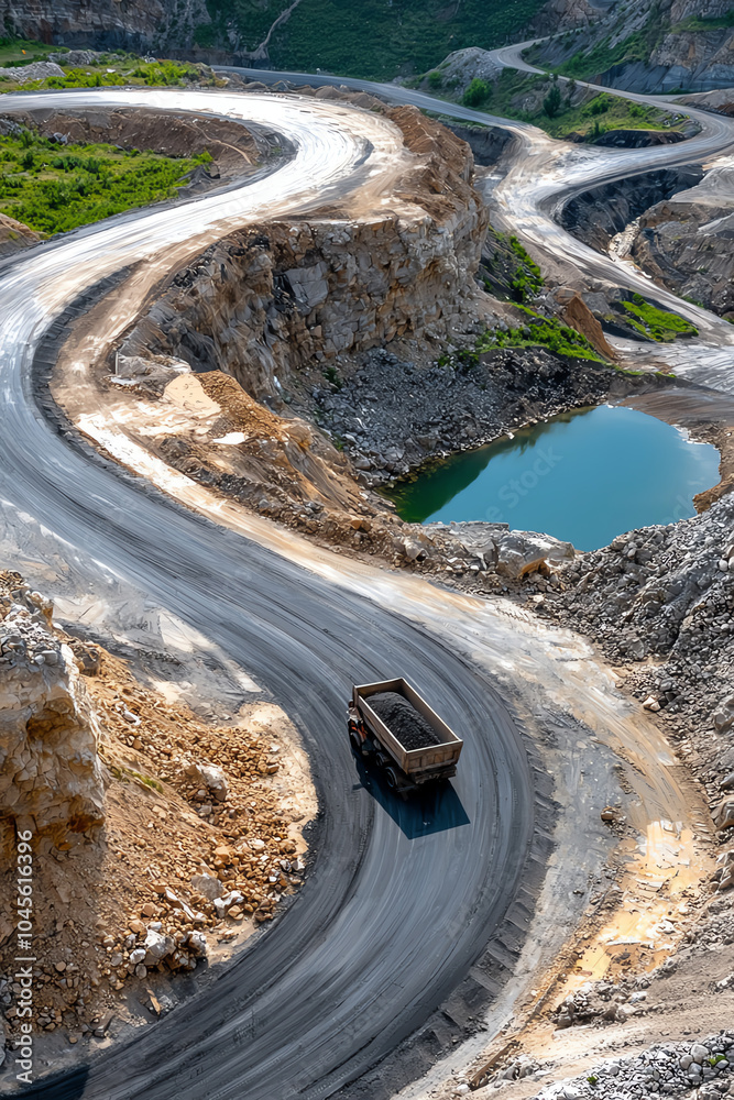Aerial view of a winding quarry road surrounded by natural landscapes ...