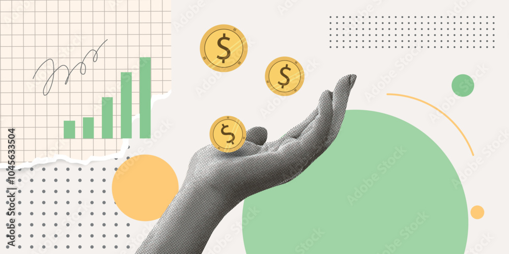 Contemporary Halftone Collage Hand for investments concept, marketing ...