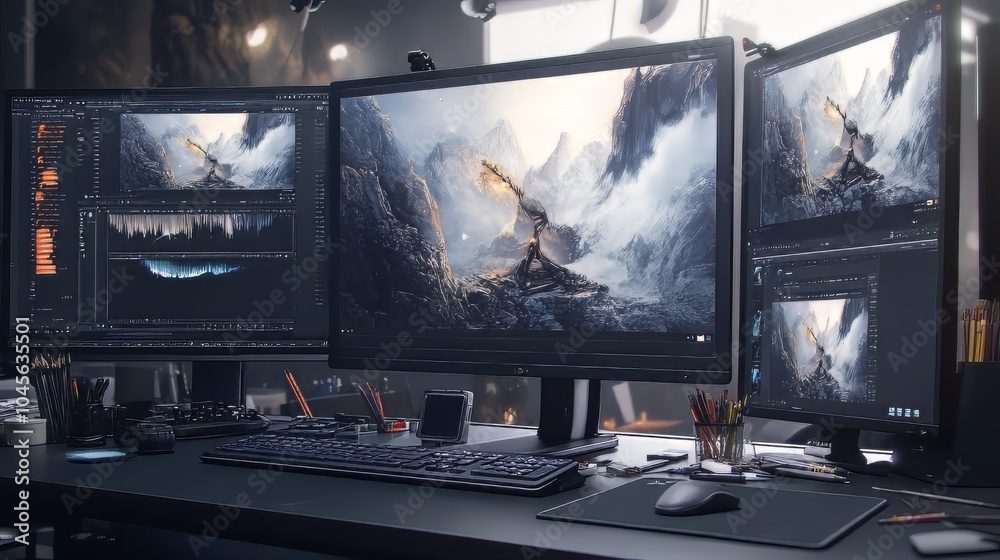 Ultra-realistic digital artist workspace with graphic tablet, stylus ...