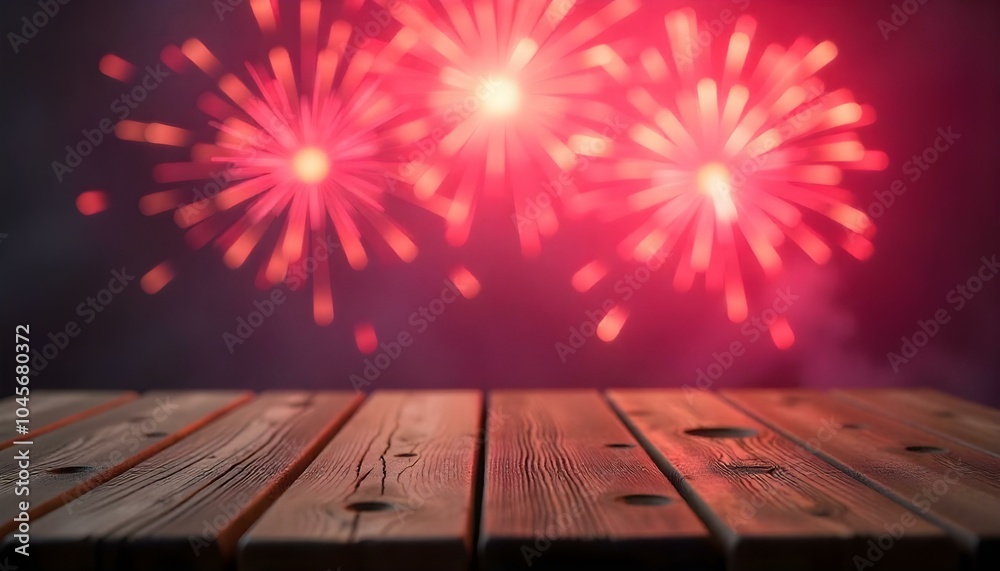 Product placement wooden table, blurred pink fireworks background with ...