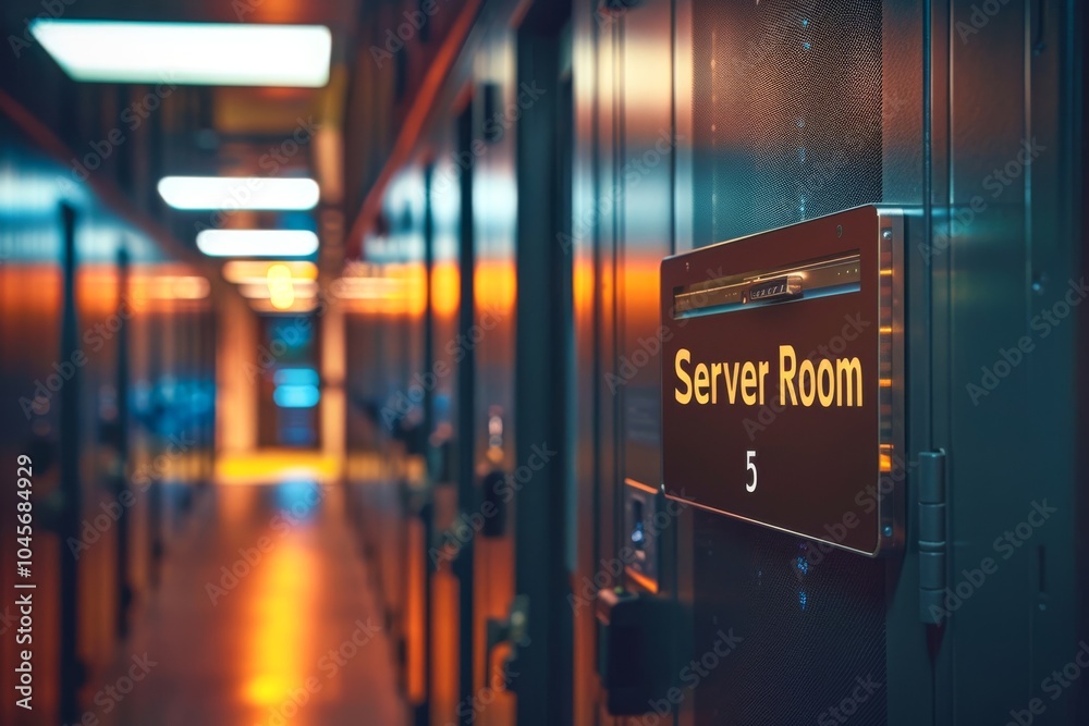 A minimalist sign displaying "Server Room 5" in simple sans serif font ...