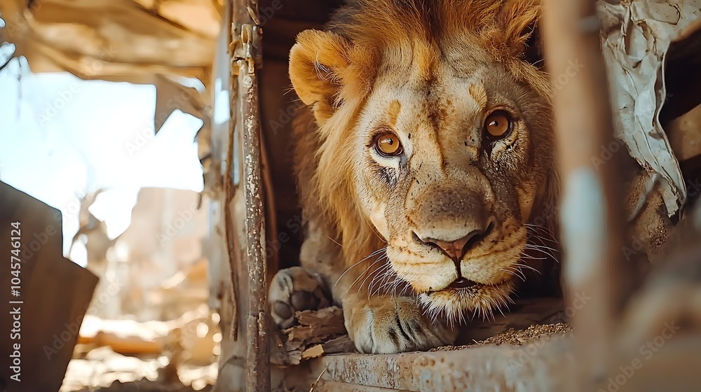 Malnourished and weakened lion in the wild fighting to stand on its ...