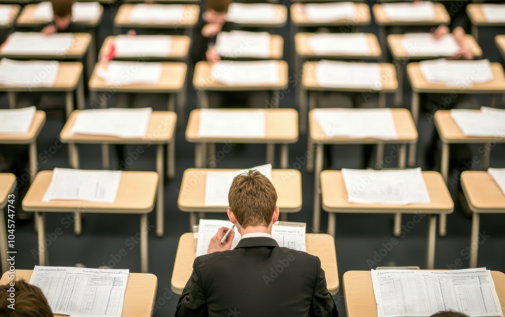 Students engaged in examination at uniform desks amidst an academic ...