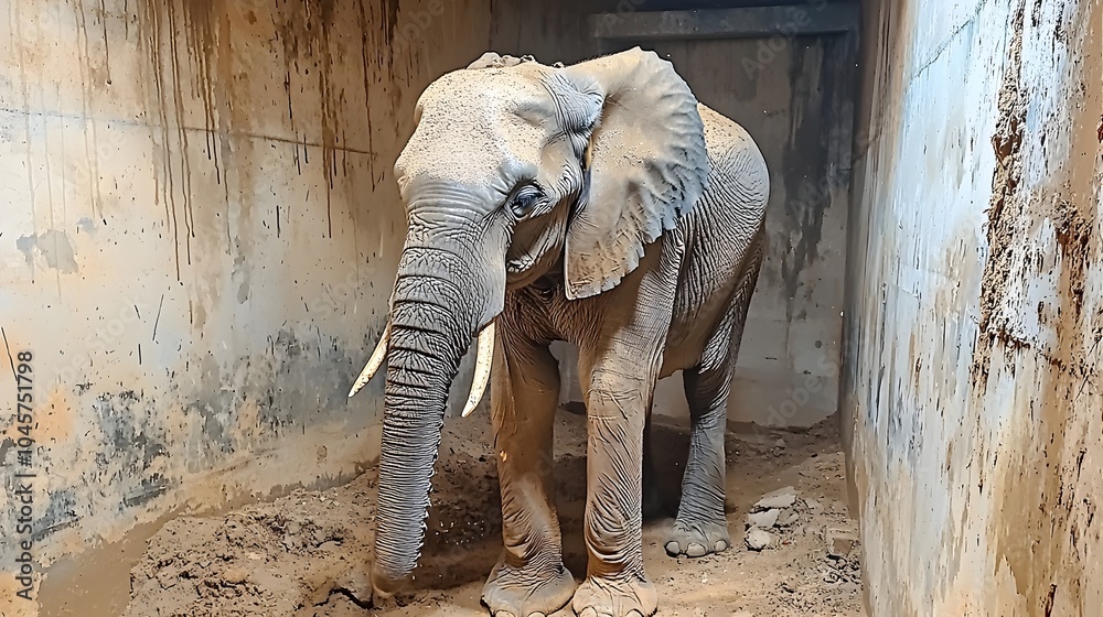 Sick elephant with a drooping trunk and thin legs standing inside a zoo ...