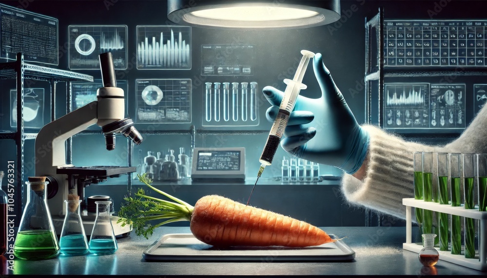 Genetic engineering experiment with a syringe and a large carrot in a ...