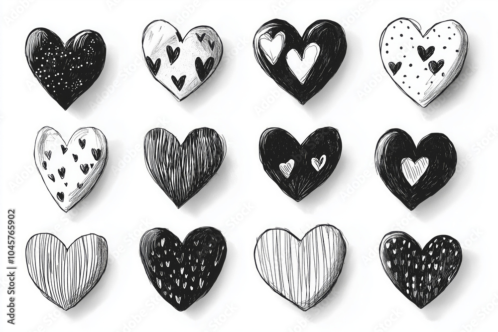 Hand-Drawn Black and White Heart Symbols with Diverse Textures and ...