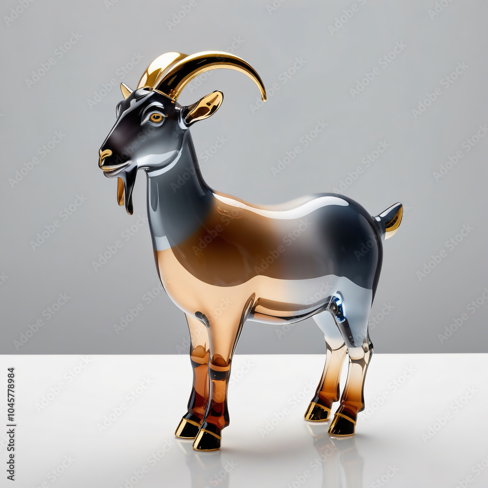Stylized Glass Goat Sculpture in Black, Silver, and Bronze with Golden ...