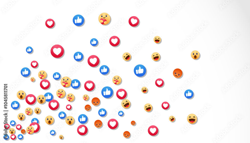 Social media reaction emoji icons scattered on a white background. The ...