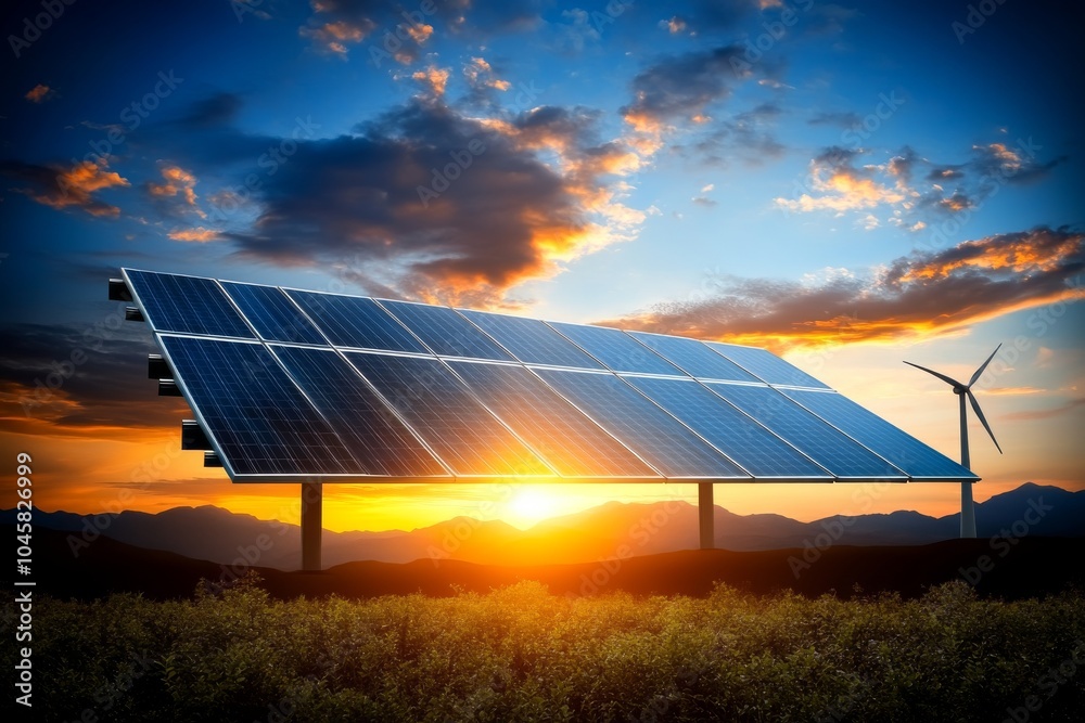 Paneles solares y una turbina eólica sobre un paisaje al atardecer ...