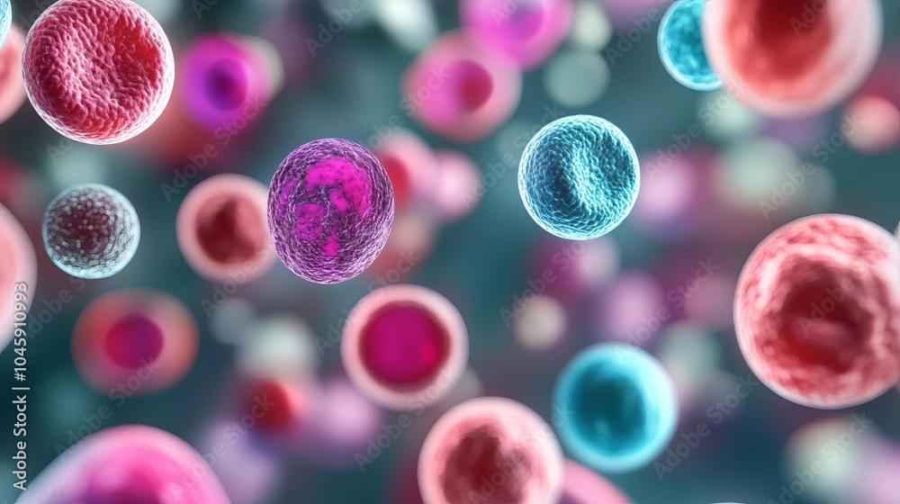 Stem cells differentiating into multiple cell types, colorful ...