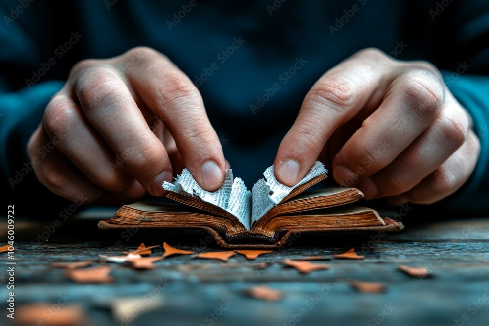 Gothic-inspired depiction of a person mending a torn book, symbolizing ...