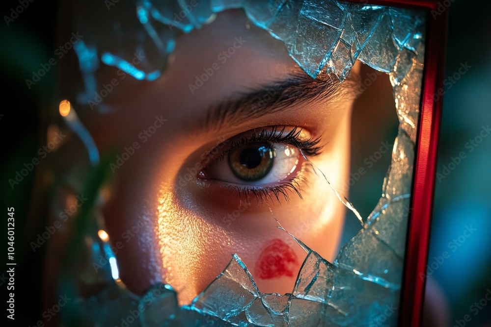 Hyper-realistic scene of a person staring at a cracked family photo ...