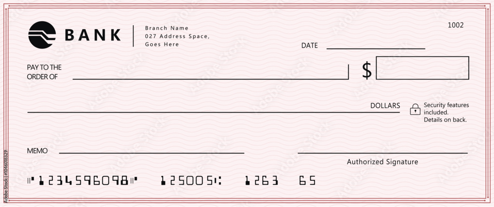 Blank money cheque. Bank check. Red Check book template with pattern ...
