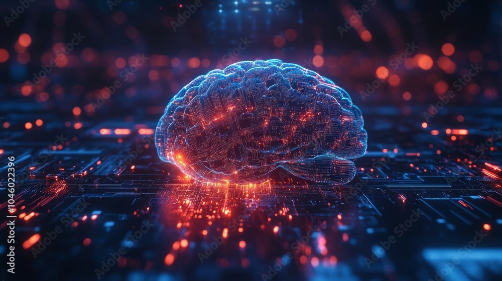 Brain chip glowing within a neural network, data streams flowing between human brain and ...